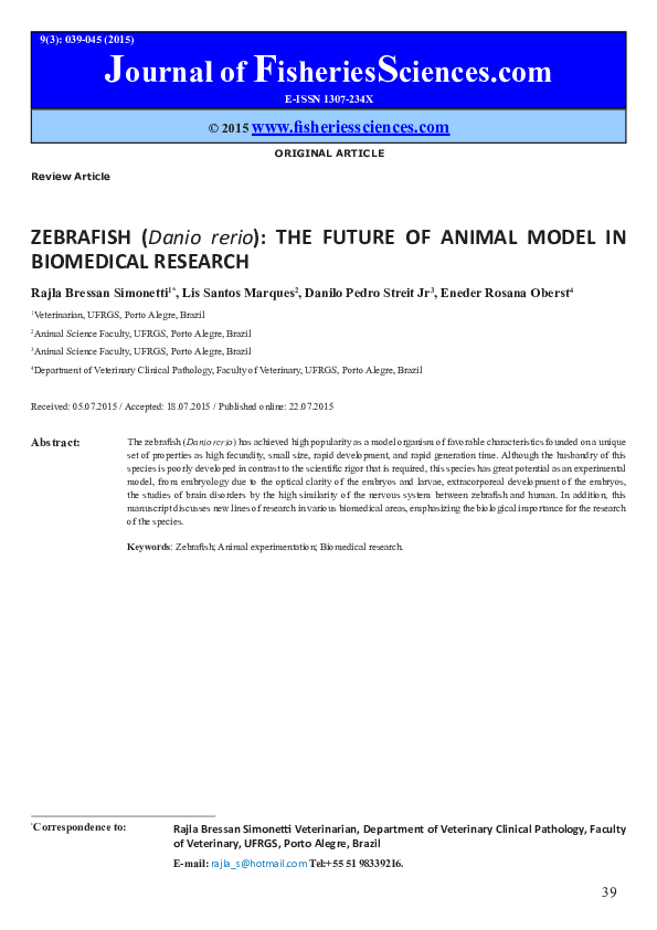 (PDF) ZEBRAFISH (Danio rerio): THE FUTURE OF ANIMAL MODEL IN BIOMEDICAL ...