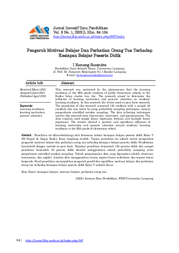 (PDF) Pengaruh Motivasi Belajar Dan Perhatian Orang Tua Terhadap Kesiapan Belajar Peserta Didik