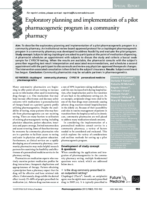(PDF) Exploratory planning and implementation of a pilot pharmacogenetic program in a community ...
