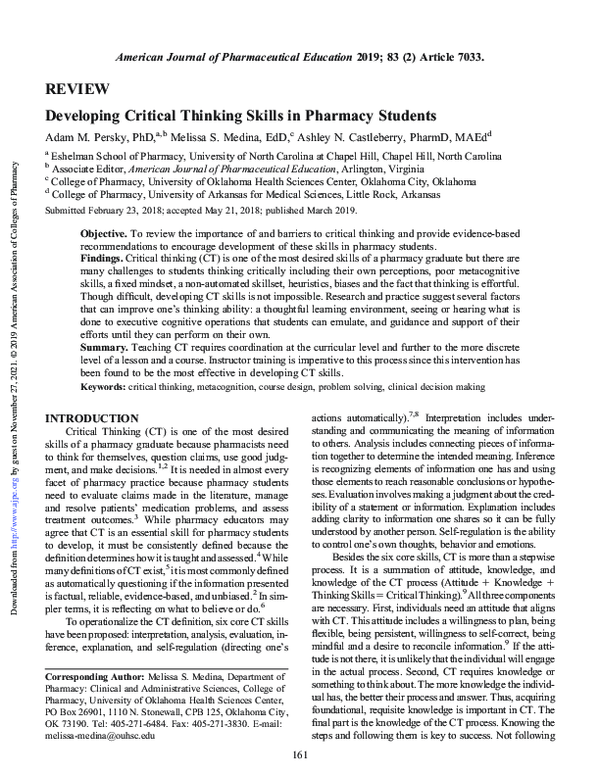 (PDF) Developing Critical Thinking Skills in Pharmacy Students