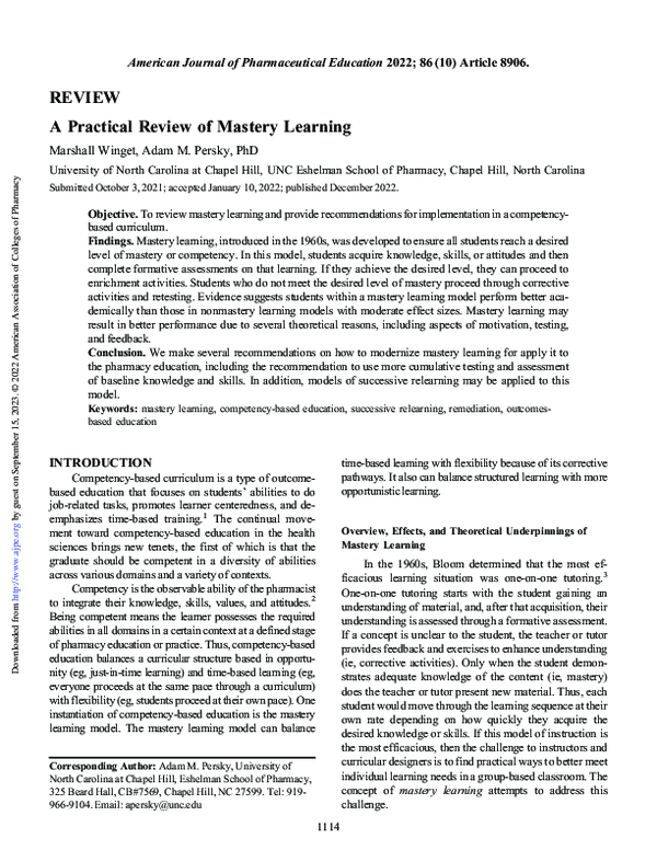 (PDF) A Practical Review of Mastery Learning