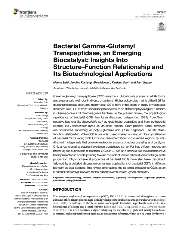 (PDF) Bacterial Gamma-Glutamyl Transpeptidase, an Emerging Biocatalyst ...