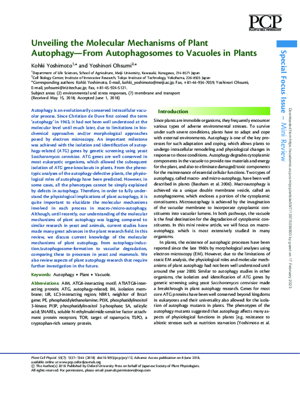(PDF) Unveiling the molecular mechanisms of plant autophagy – from autophagosomes to vacuoles in ...