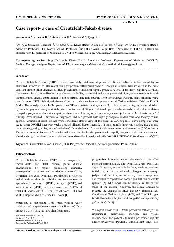 (PDF) Case report- a case of Creutzfeldt-Jakob disease