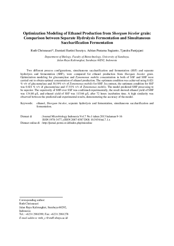 (PDF) Optimization Modeling of Ethanol Production from Shorgum bicolor Grain: Comparison between ...