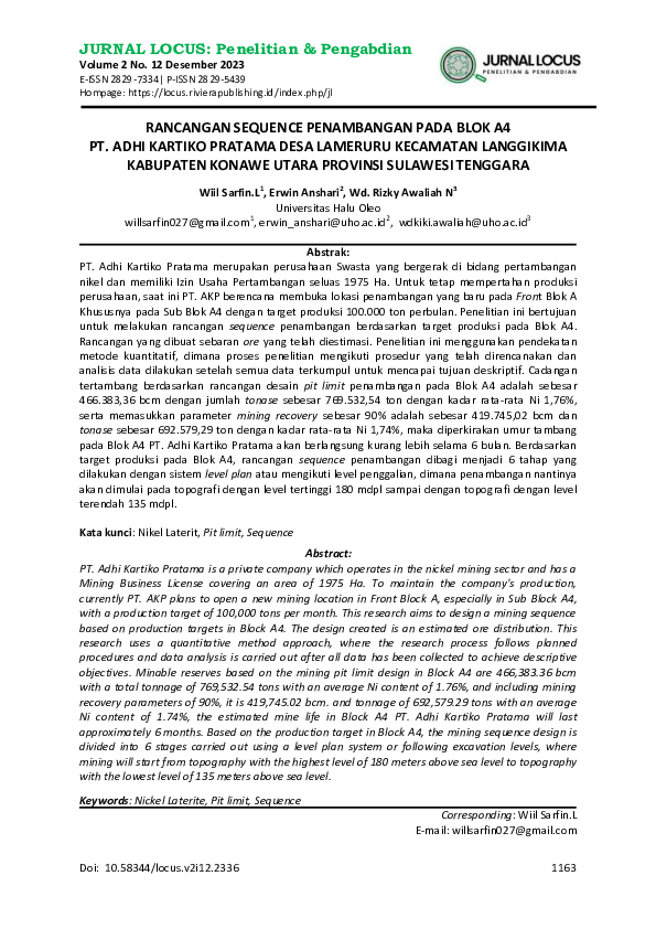 (PDF) Rancangan Sequence Penambangan Pada Blok A4 Pt. Adhi Kartiko Pratama Desa Lameruru ...