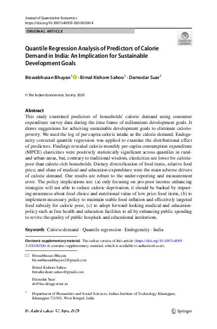 (PDF) Quantile Regression Analysis of Predictors of Calorie Demand in India: An Implication for ...