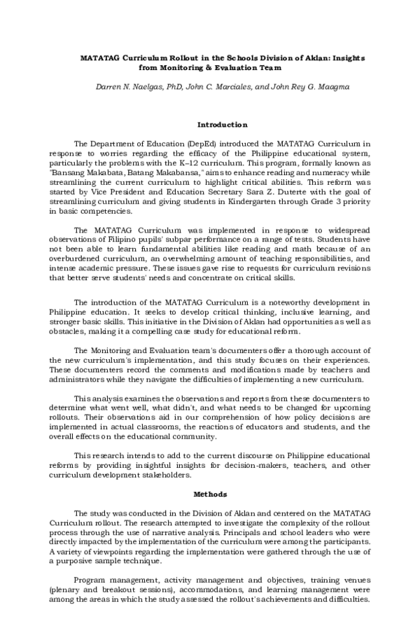 (PDF) MATATAG Curriculum Rollout in the Schools Division of Aklan ...