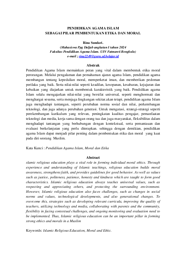 (PDF) PENDIDIKAN AGAMA ISLAM SEBAGAI PILAR PEMBENTUKAN ETIKA DAN MORAL