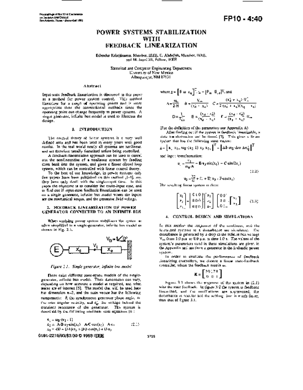(PDF) Power systems stabilization with feedback linearization