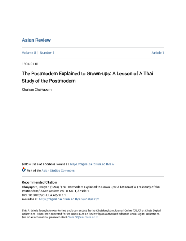 (PDF) The Postmodern Explained to Grown-ups: A Lesson of A Thai Study of the Postmodern