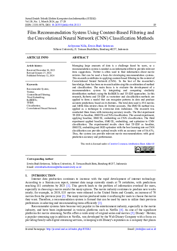 (PDF) Film Recommendation System Using Content-Based Filtering and the Convolutional Neural ...