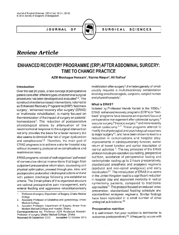 (PDF) Enhanced Recovery Programme (ERP) after Abdominal Surgery: Time ...