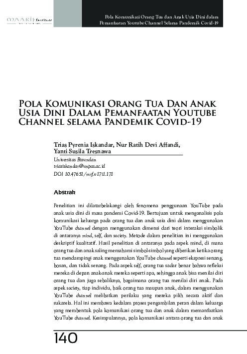 (PDF) Pola Komunikasi Orang Tua Anak Usia Dini Dalam Memanfaatan Youtube Channel Selama Pandemik ...