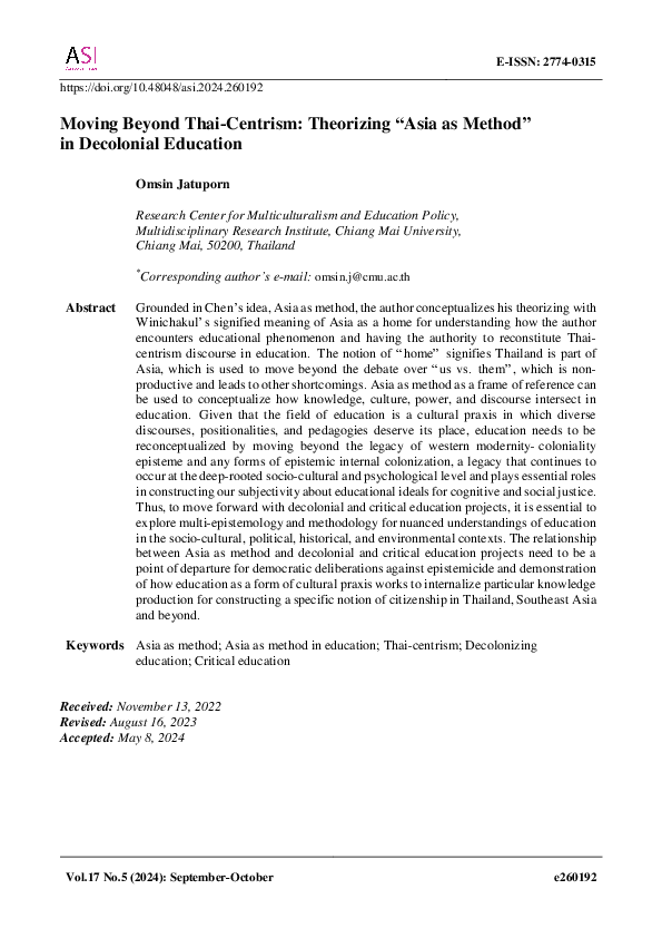 (PDF) Moving Beyond Thai-Centrism: Theorizing “Asia as Method” in ...