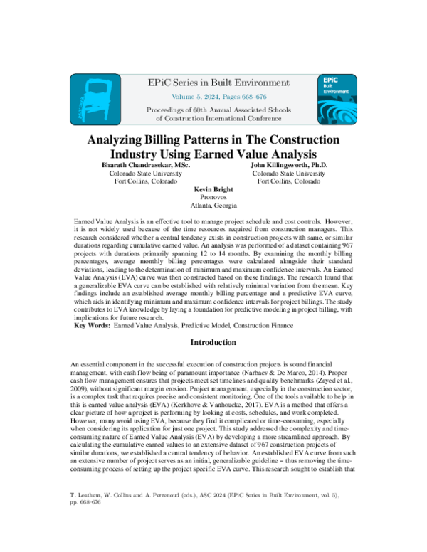 (PDF) Analyzing Billing Patterns in The Construction Industry Using Earned Value Analysis