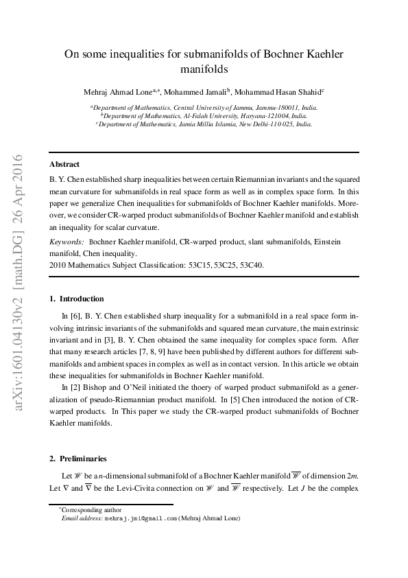 (PDF) B. Y. Chen inequalities for submanifolds of Bochner Kahler manifolds