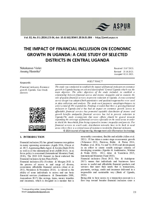 (PDF) The Impact of Financial Inclusion on Economic Growth in Uganda: A ...
