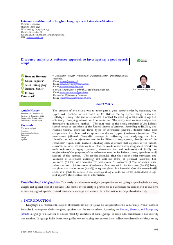 (PDF) Discourse analysis: A reference approach to investigating a good speech script