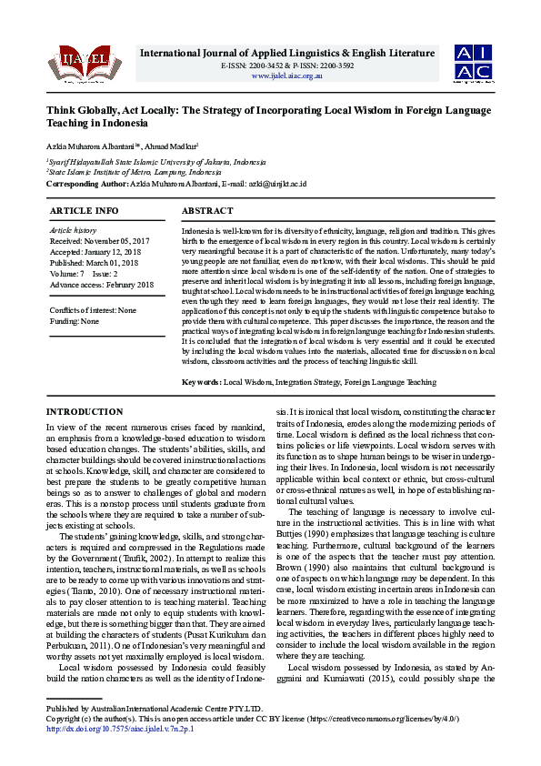 (PDF) Think Globally, Act Locally: The Strategy of Incorporating Local Wisdom in Foreign ...