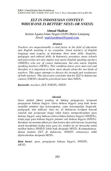 (PDF) ELT in Indonesian Context: Which One is Better? NESTs or NNESTs