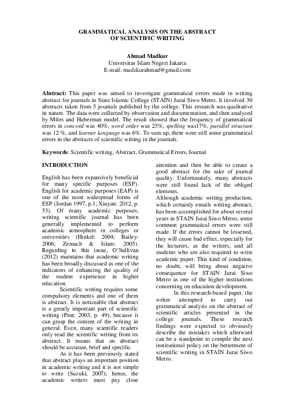 (PDF) Grammatical Analysis on the Abstract of Scientific Writing | Ahmad Madkur - Academia.edu
