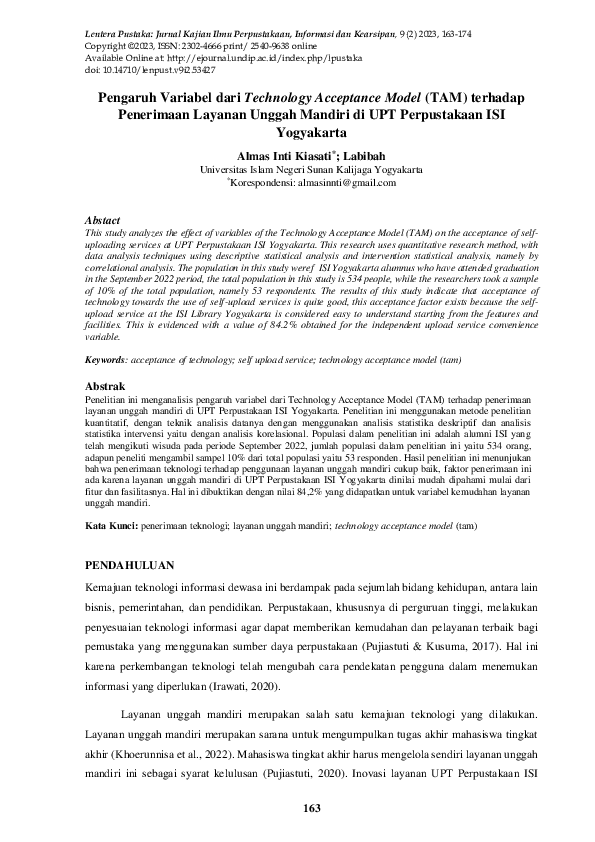 (PDF) Pengaruh Variabel dari Technology Acceptance Model (TAM) terhadap ...