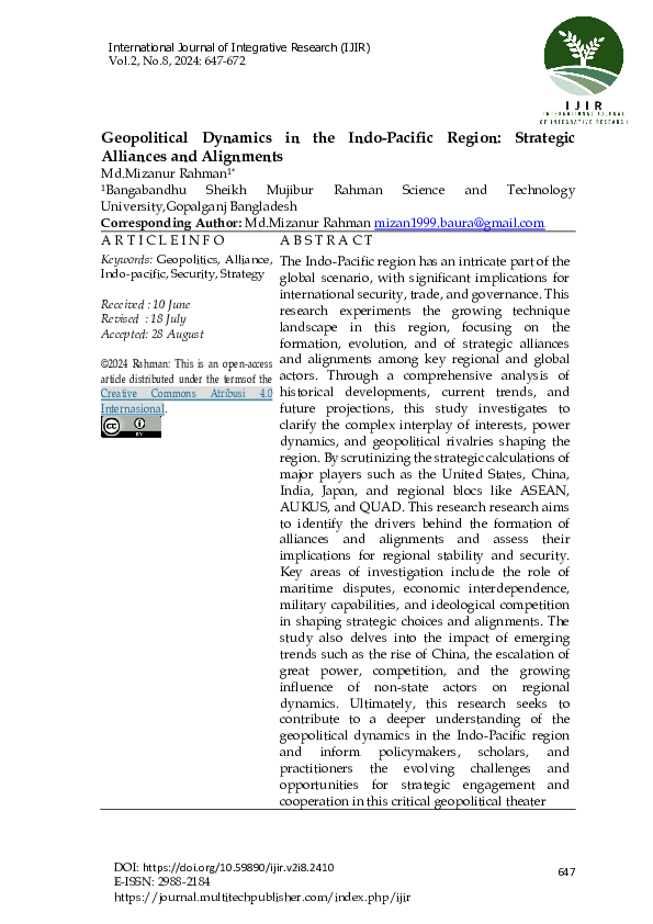 (PDF) Geopolitical Dynamics in the Indo-Pacific Region: Strategic Alliances and Alignments