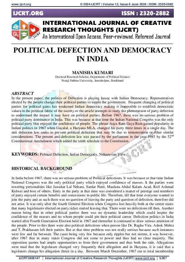 (PDF) POLITICAL DEFECTION AND DEMOCRACY IN INDIA