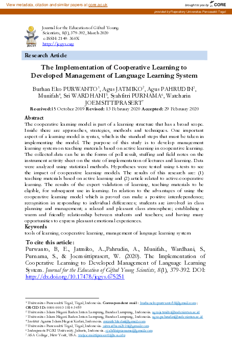 (PDF) The Implementation of Cooperative Learning to Developed Management of Language Learning System