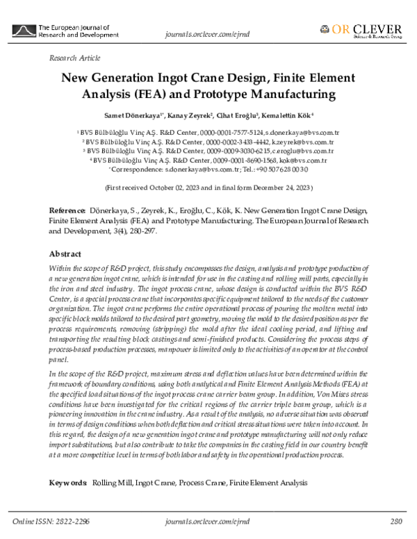 (PDF) NEW GENERATION INGOT CRANE DESIGN, FINITE ELEMENT ANALYSIS (FEA) AND PROTOTYPE MANUFACTURING
