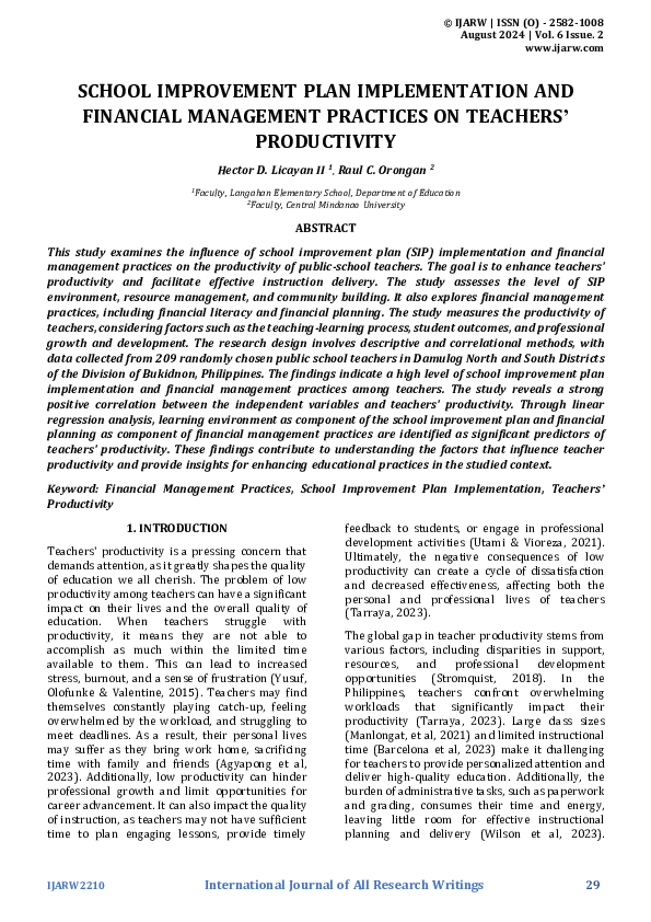 (PDF) SCHOOL IMPROVEMENT PLAN AND FINANCIAL MANAGEMENT PRACTICES ON TEACHERS' PRODUCTIVITY
