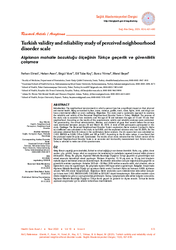 (PDF) Turkish Validity and Reliability Study of Perceived Neighbourhood ...
