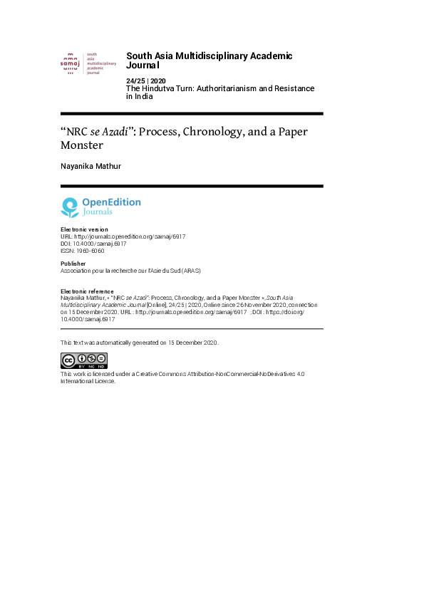 (PDF) “NRC se Azadi”: Process, Chronology, and a Paper Monster