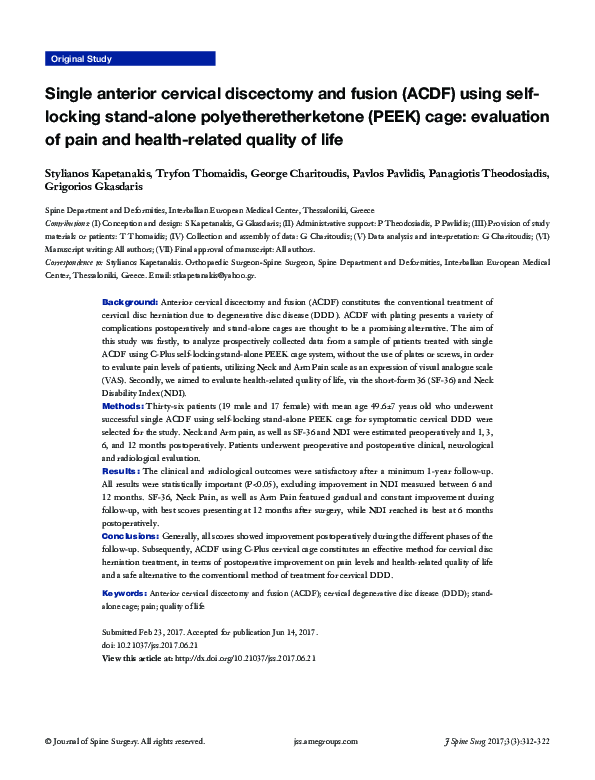 (PDF) Single anterior cervical discectomy and fusion (ACDF) using self ...