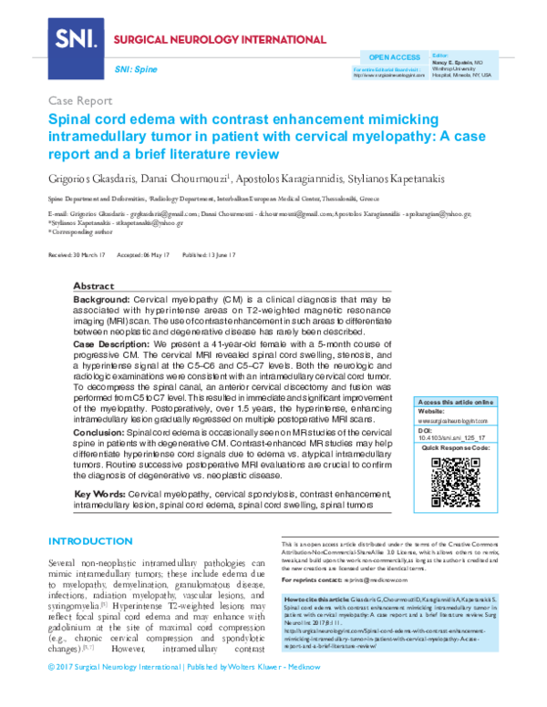 (PDF) Spinal cord edema with contrast enhancement mimicking intramedullary tumor in patient with ...