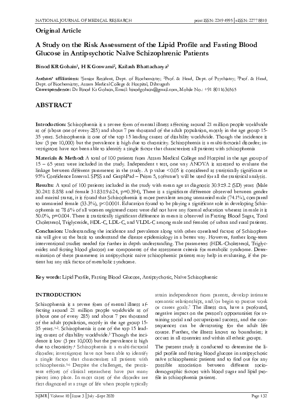 (PDF) A STUDY ON THE RISK ASSESSMENT OF THE LIPID PROFILE AND FASTING ...