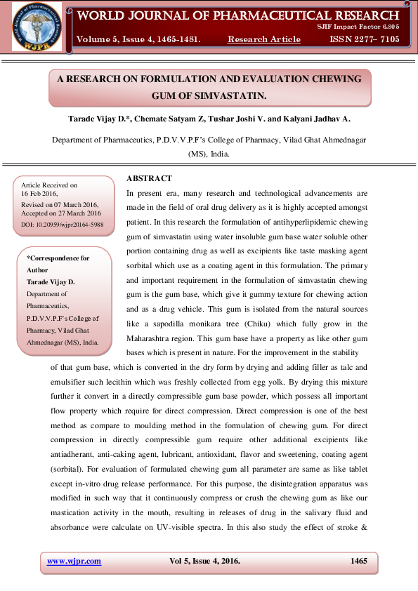 Pdf A Research On Formulation And Evaluation Chewing Gum Of Simvastatin
