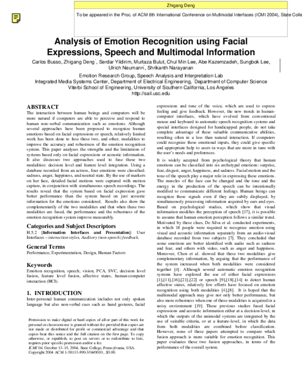 (PDF) Analysis of emotion recognition using facial expressions, speech and multimodal information