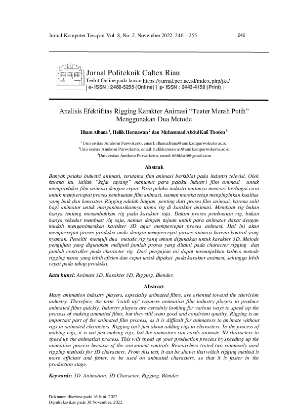 (PDF) Analisis Efektifitas Rigging Karakter Animasi “Teater Merah Putih” Menggunakan Dua Metode