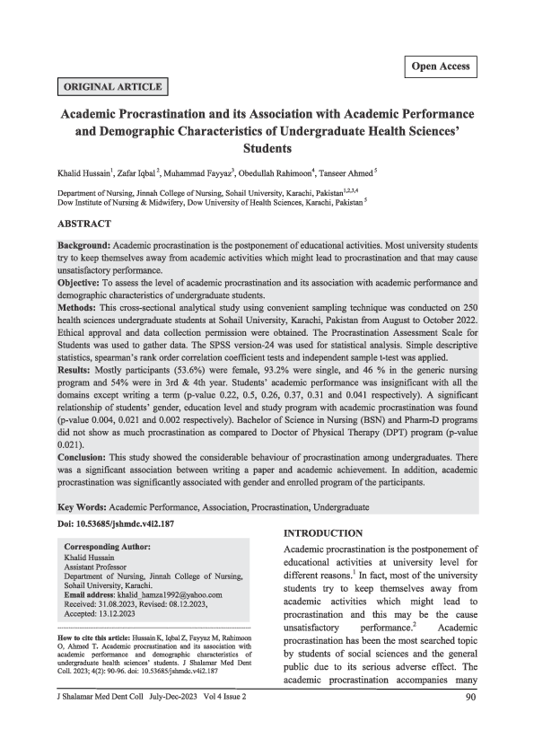 (PDF) Academic Procrastination and its Association with Academic Achievement among Undergraduate ...