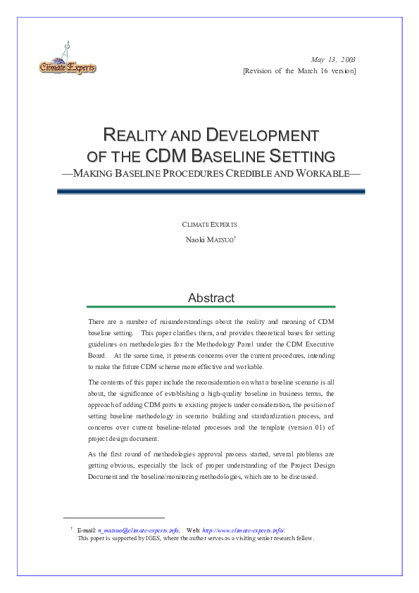 (PDF) Reality and Development of the CDM Baseline Setting: Making Baseline Procedures Credible ...