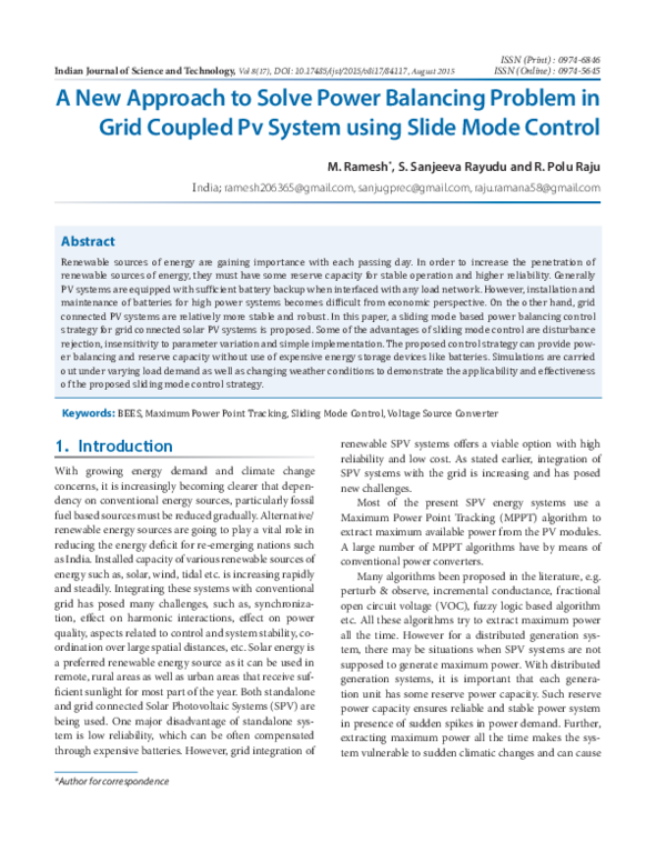 Pdf A New Approach To Solve Power Balancing Problem In Grid Coupled Pv System Using Slide Mode