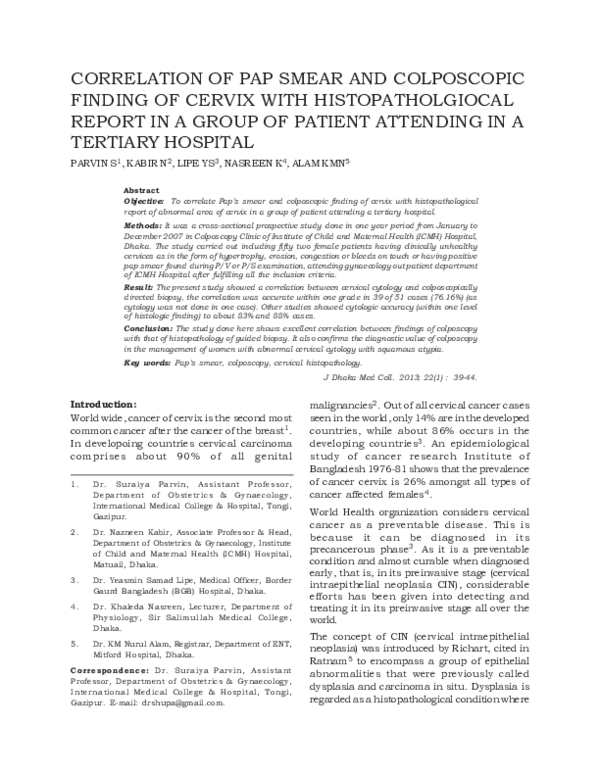 (PDF) Correlation of pap smear and colposcopic finding of cervix with ...