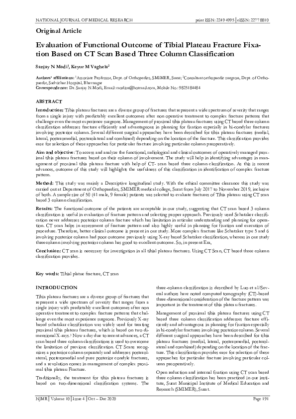 (PDF) EVALUATION OF FUNCTIONAL OUTCOME OF TIBIAL PLATEAU FRACTURE FIXA ...