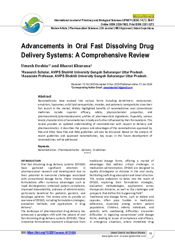 (PDF) Advancements in Oral Fast Dissolving Drug Delivery Systems: A ...