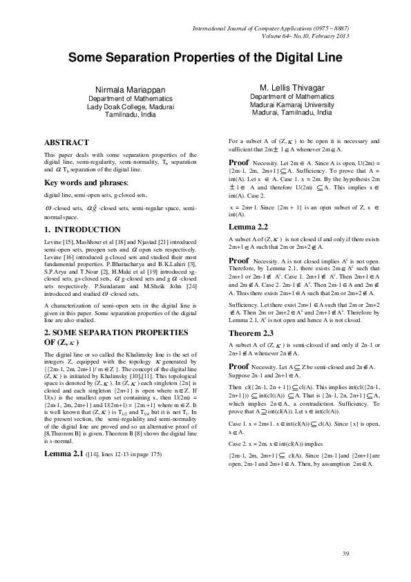 (PDF) Separation Properties of the Digital Line