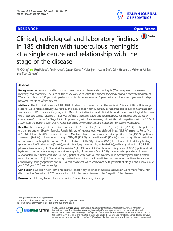 (PDF) Clinical, radiological and laboratory findings in 185 children with tuberculous meningitis ...