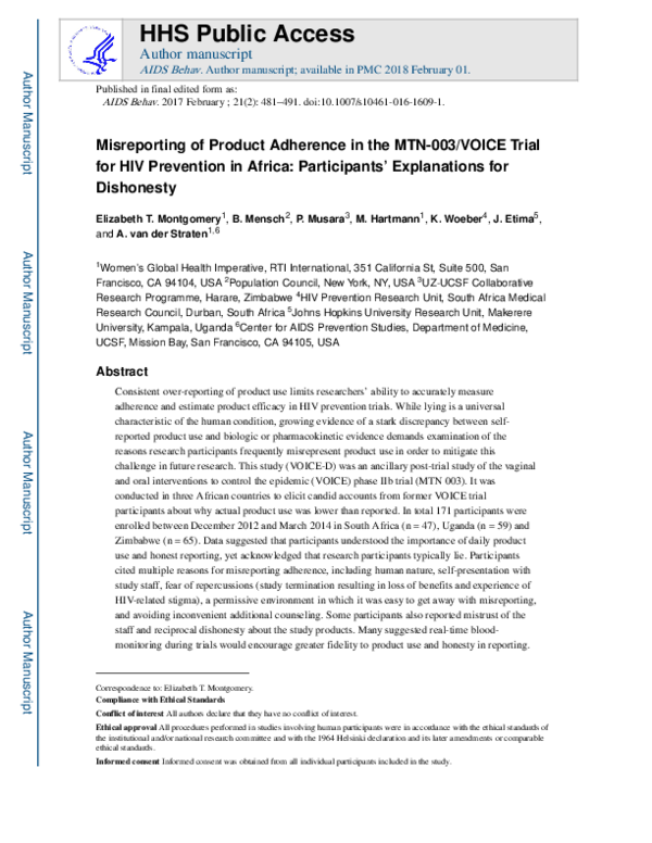 (PDF) Misreporting of Product Adherence in the MTN-003/VOICE Trial for ...