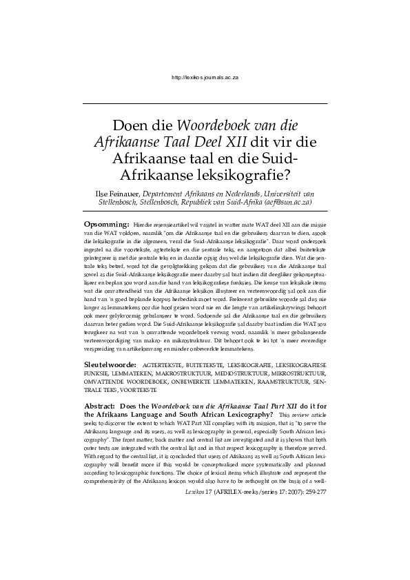 (PDF) Doen die Woordeboek van die Afrikaanse Taal Deel XII dit vir die ...
